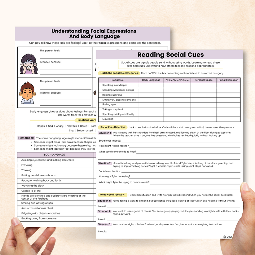 Reading Social Cues Worksheets (2 Pages) – Mental Health Center Kids