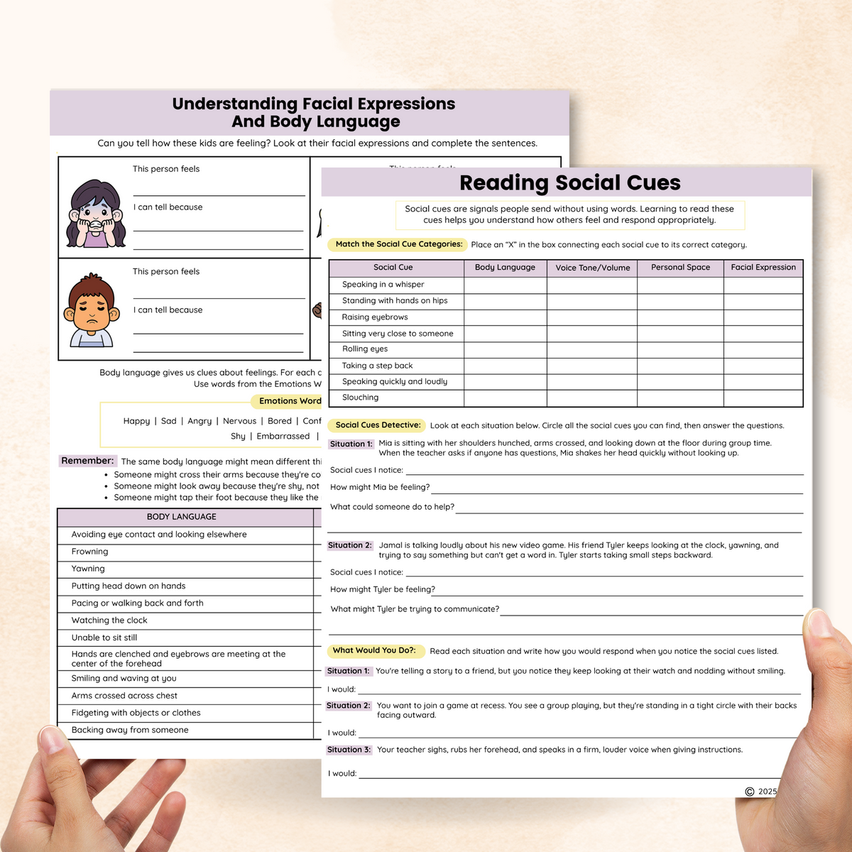 Reading Social Cues Worksheets (2 Pages) – Mental Health Center Kids