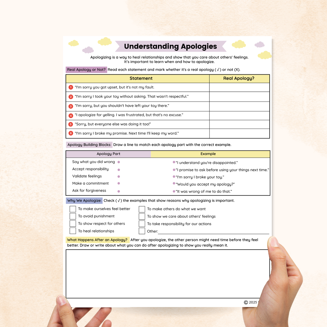 Apologizing Worksheets (2 Pages) – Mental Health Center Kids