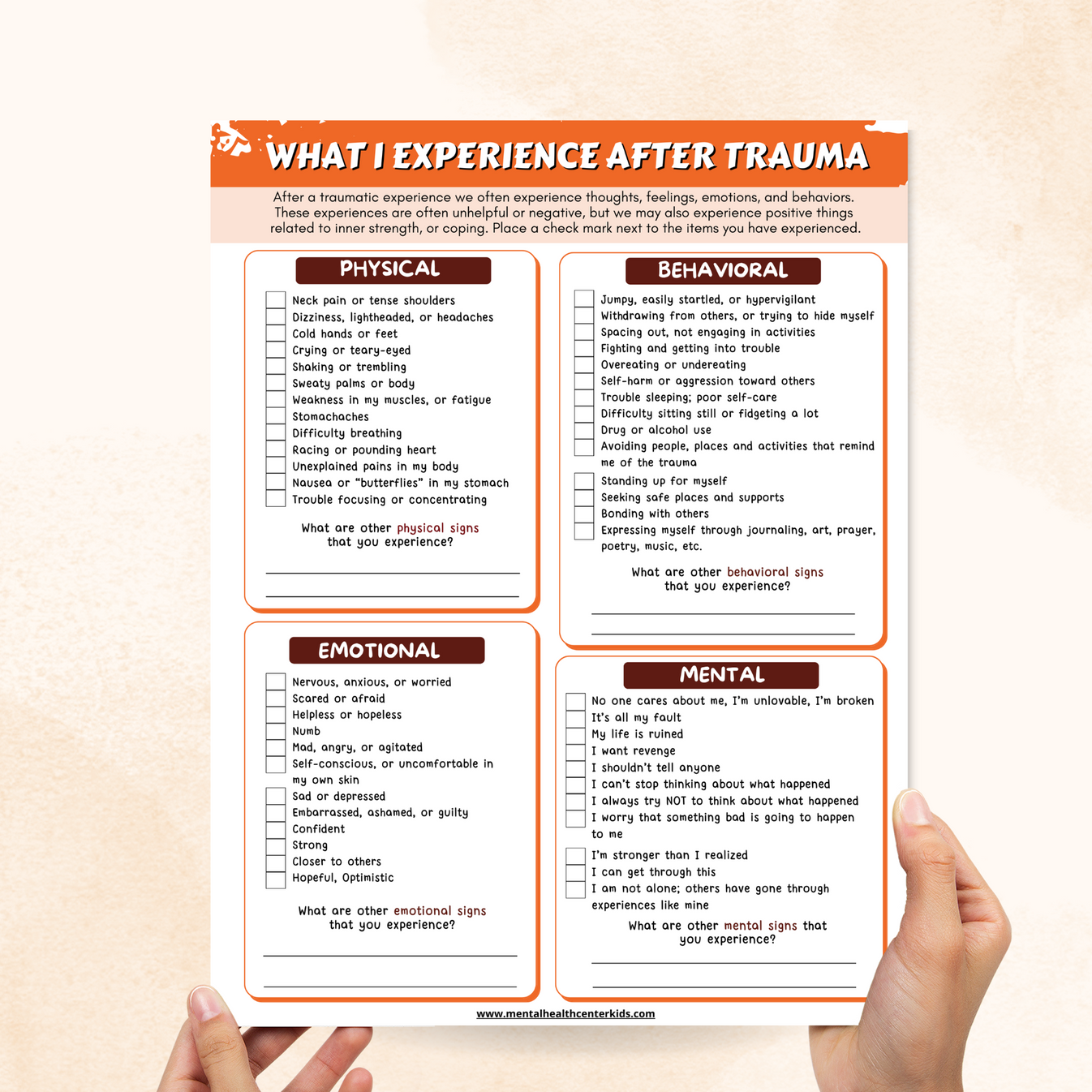 PTSD Symptoms Worksheet – Mental Health Center Kids