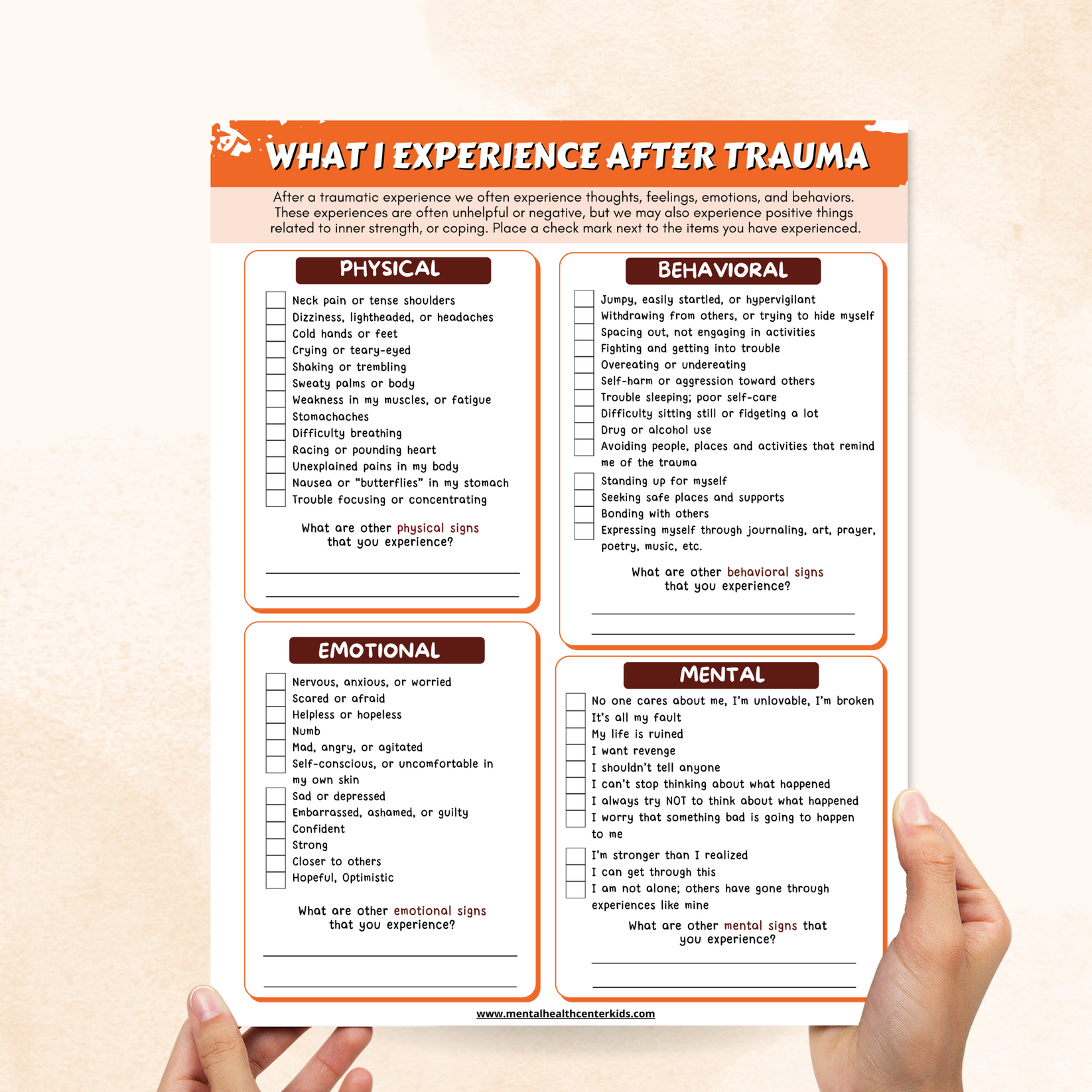 PTSD Symptoms Worksheet – Mental Health Center Kids