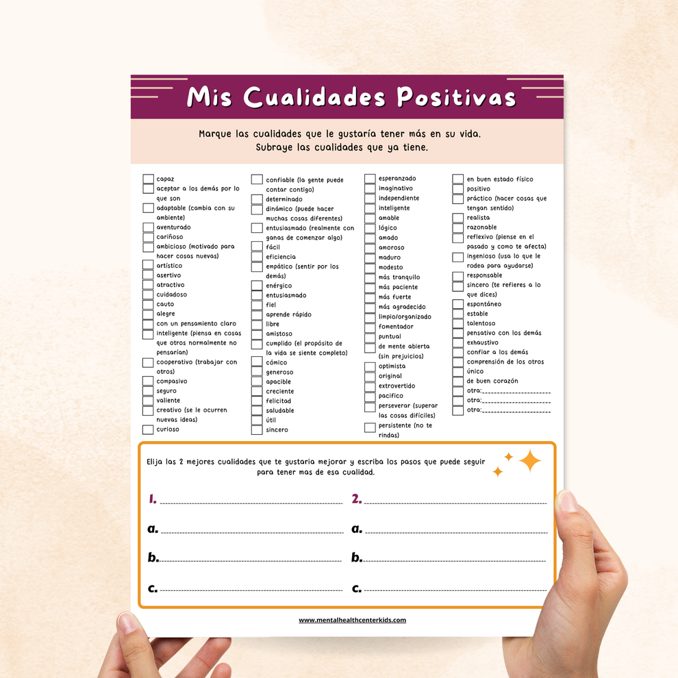 My Positive Qualities Worksheet (Spanish Version) – Mental Health ...