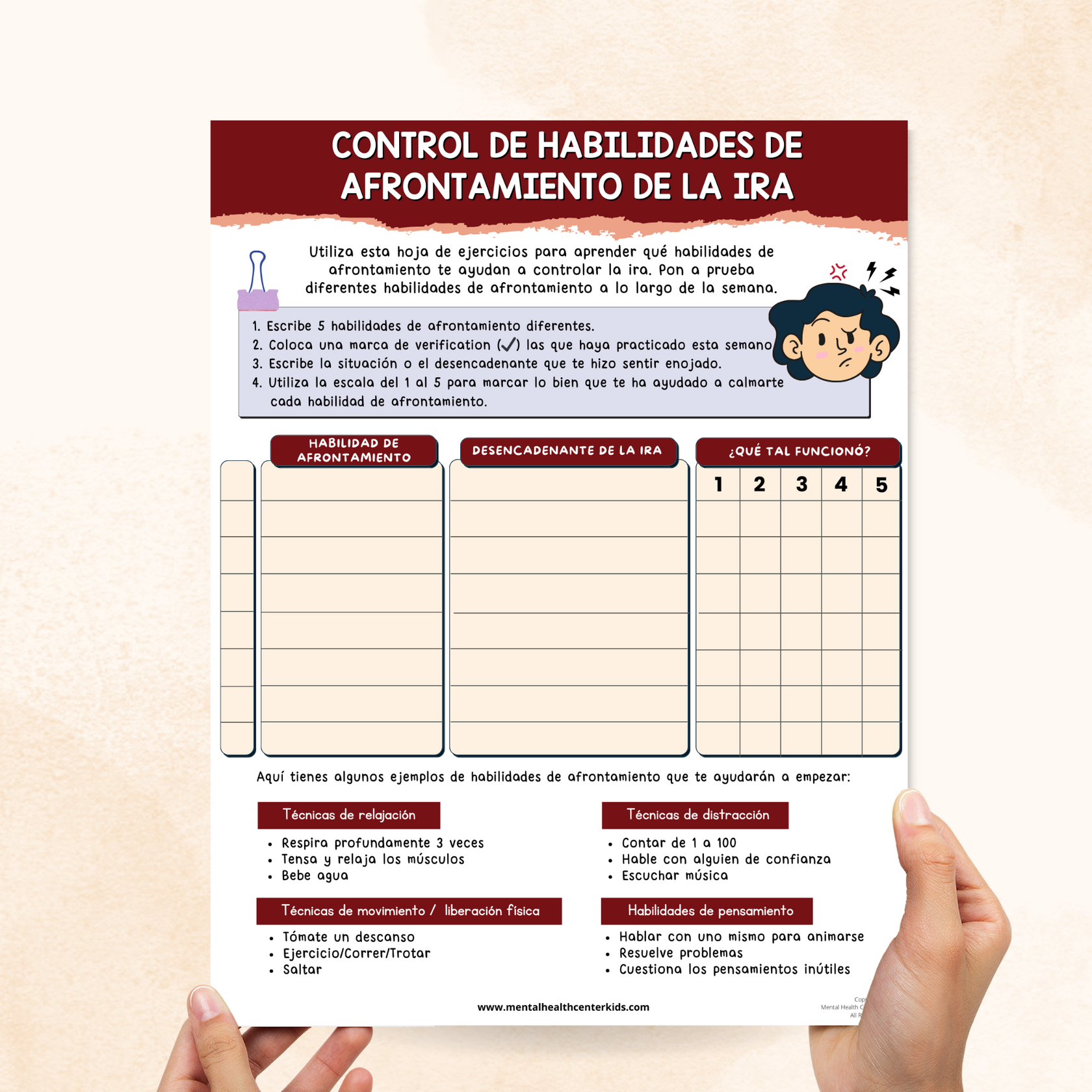 Anger Coping Skills Tracker (Spanish Version) – Mental Health Center Kids