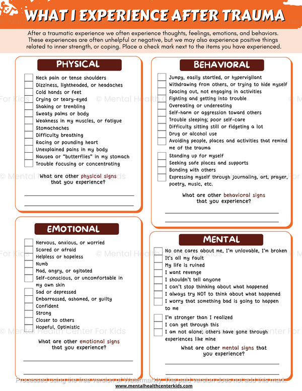 PTSD Symptoms Worksheet – Mental Health Center Kids