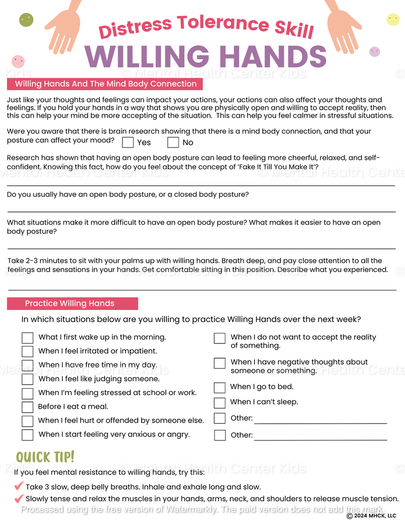 DBT Willing Hands Worksheet – Mental Health Center Kids
