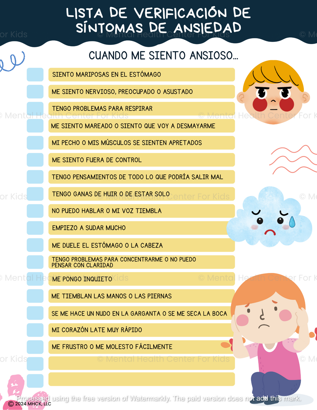 Anxiety Symptoms Checklist Worksheet (Spanish Version) – Mental Health ...