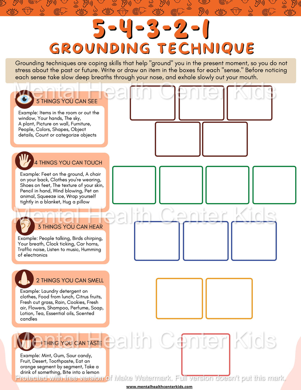 5-4-3-2-1 Grounding Technique (PDF) – Mental Health Center Kids