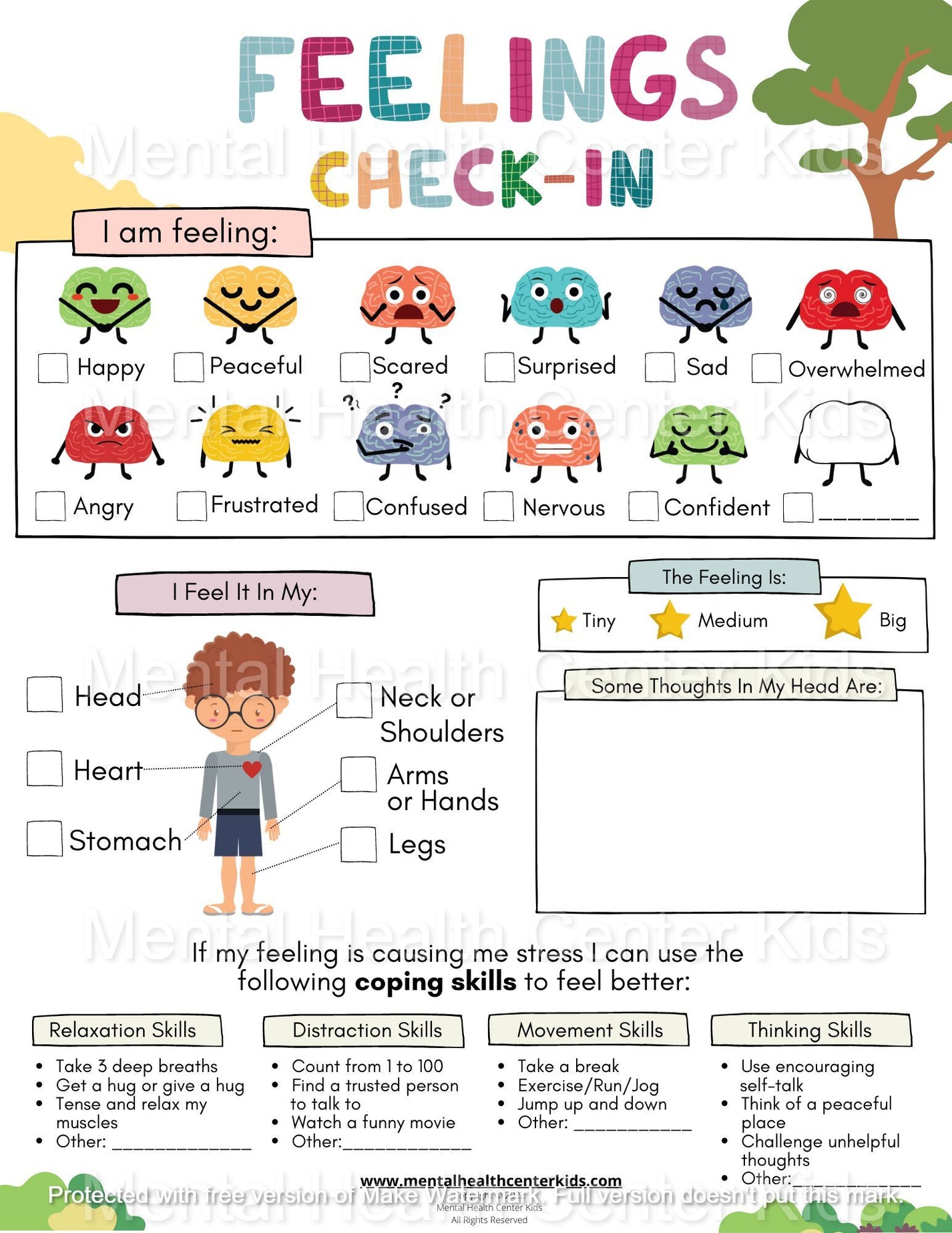 Feelings Check-In Worksheet – Mental Health Center Kids