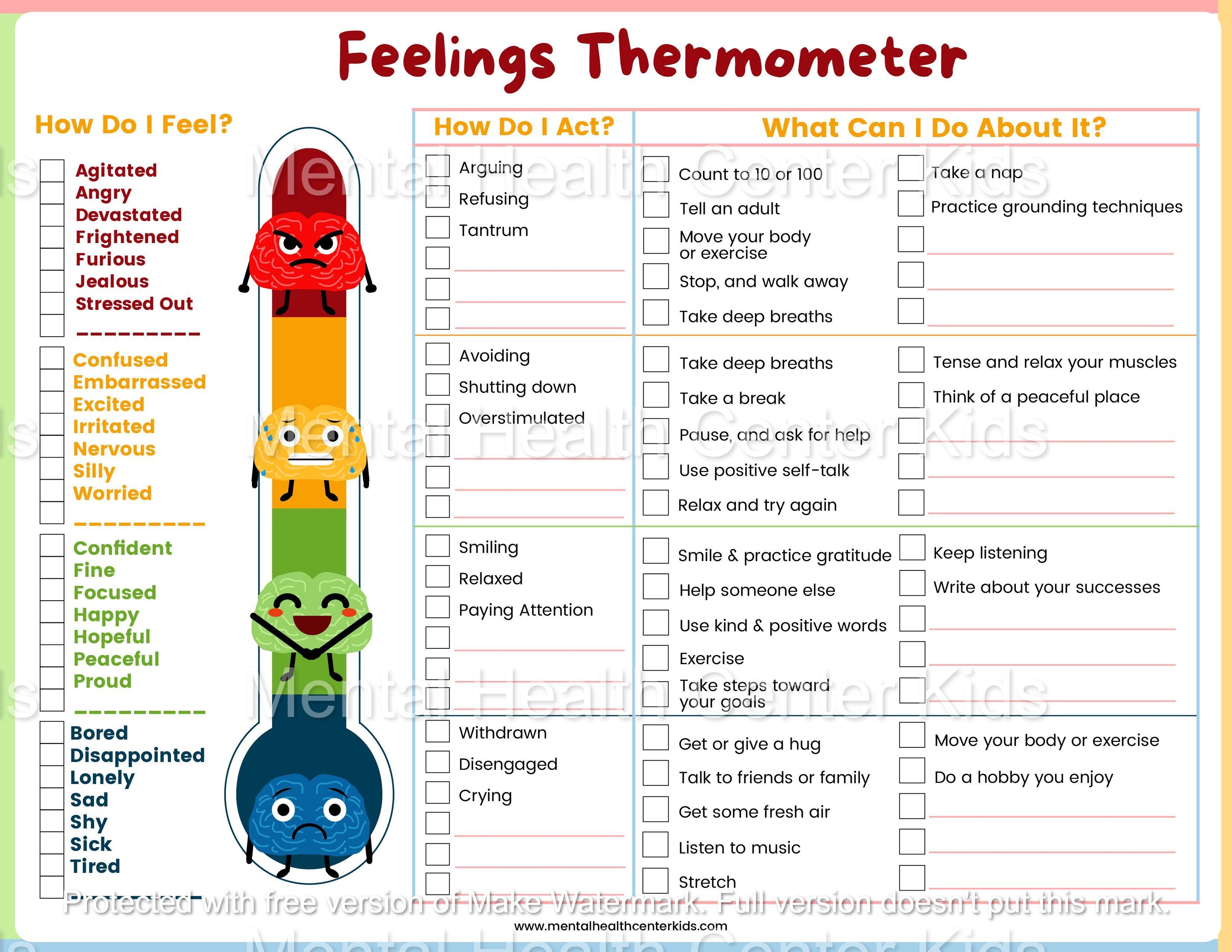 Feelings Thermometer Worksheets – Mental Health Center Kids