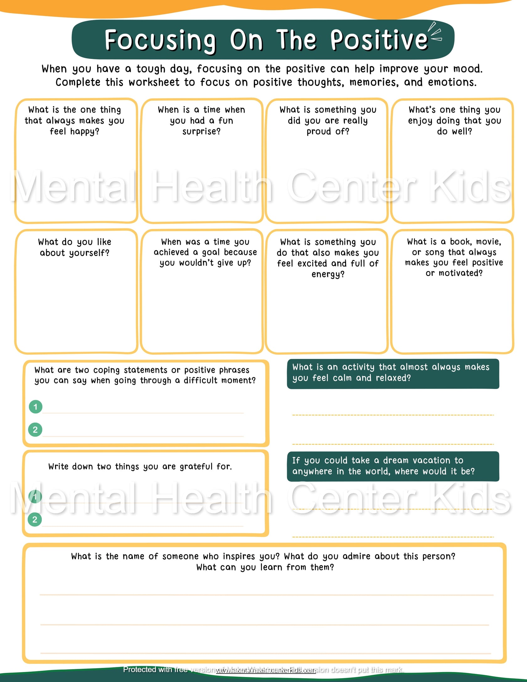 Focusing on the Positive Worksheet – Mental Health Center Kids
