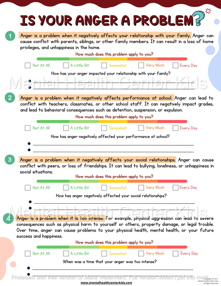 "Is Your Anger a Problem?" Worksheet – Mental Health Center Kids