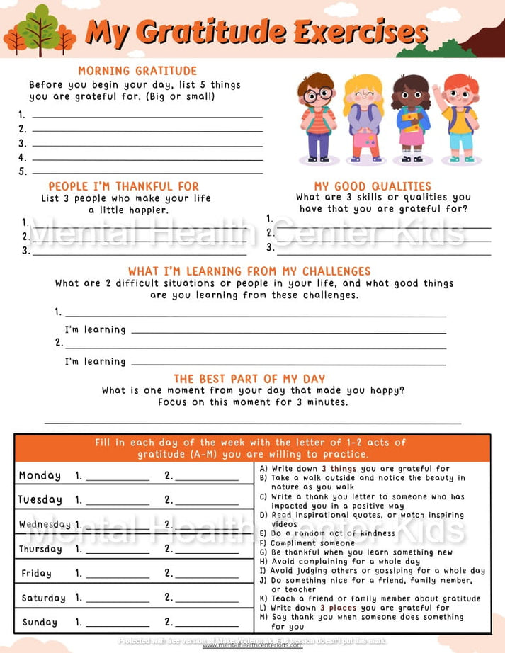 My Gratitude Exercises Worksheet – Mental Health Center Kids