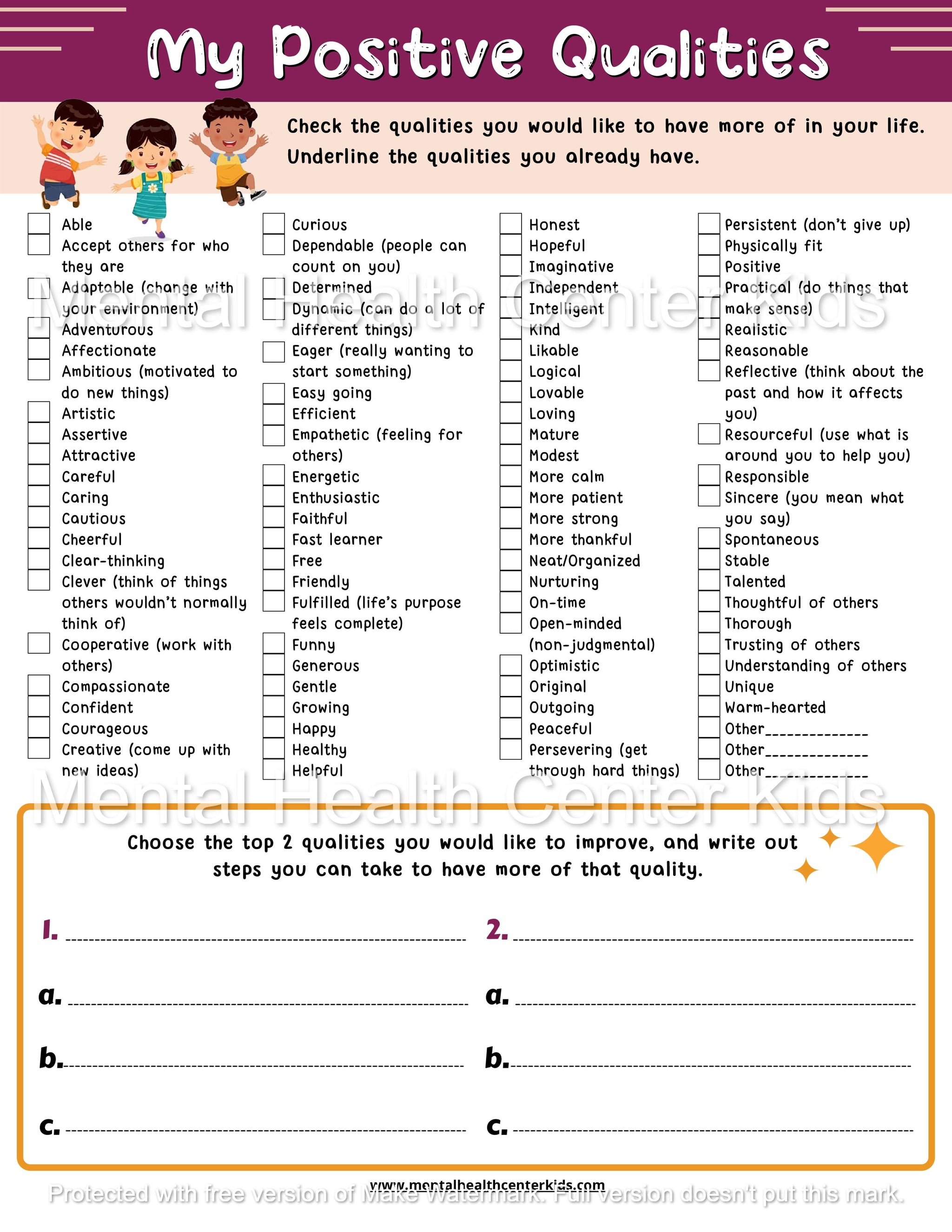 My Positive Qualities Worksheet – Mental Health Center Kids