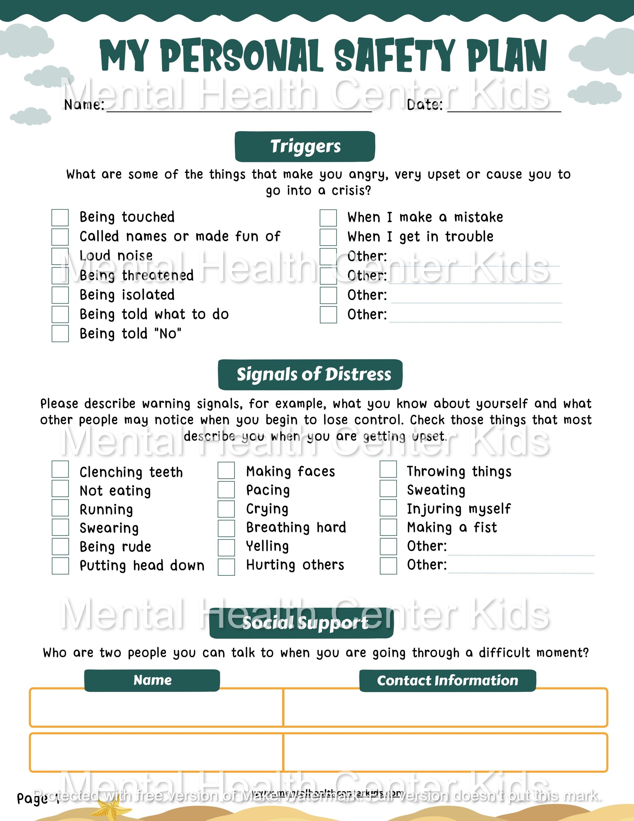 Safety Plan Worksheet – Mental Health Center Kids