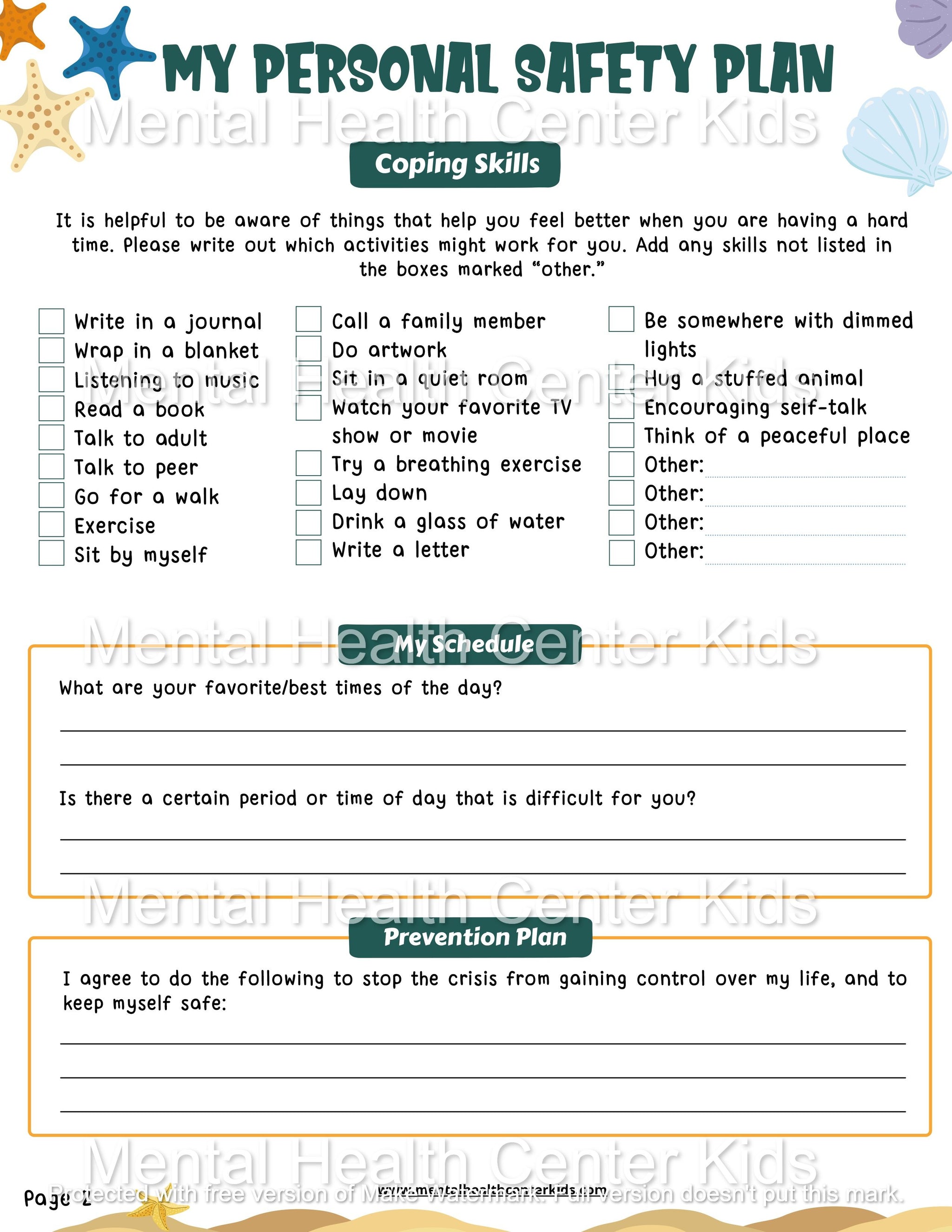 Safety Plan Worksheet – Mental Health Center Kids