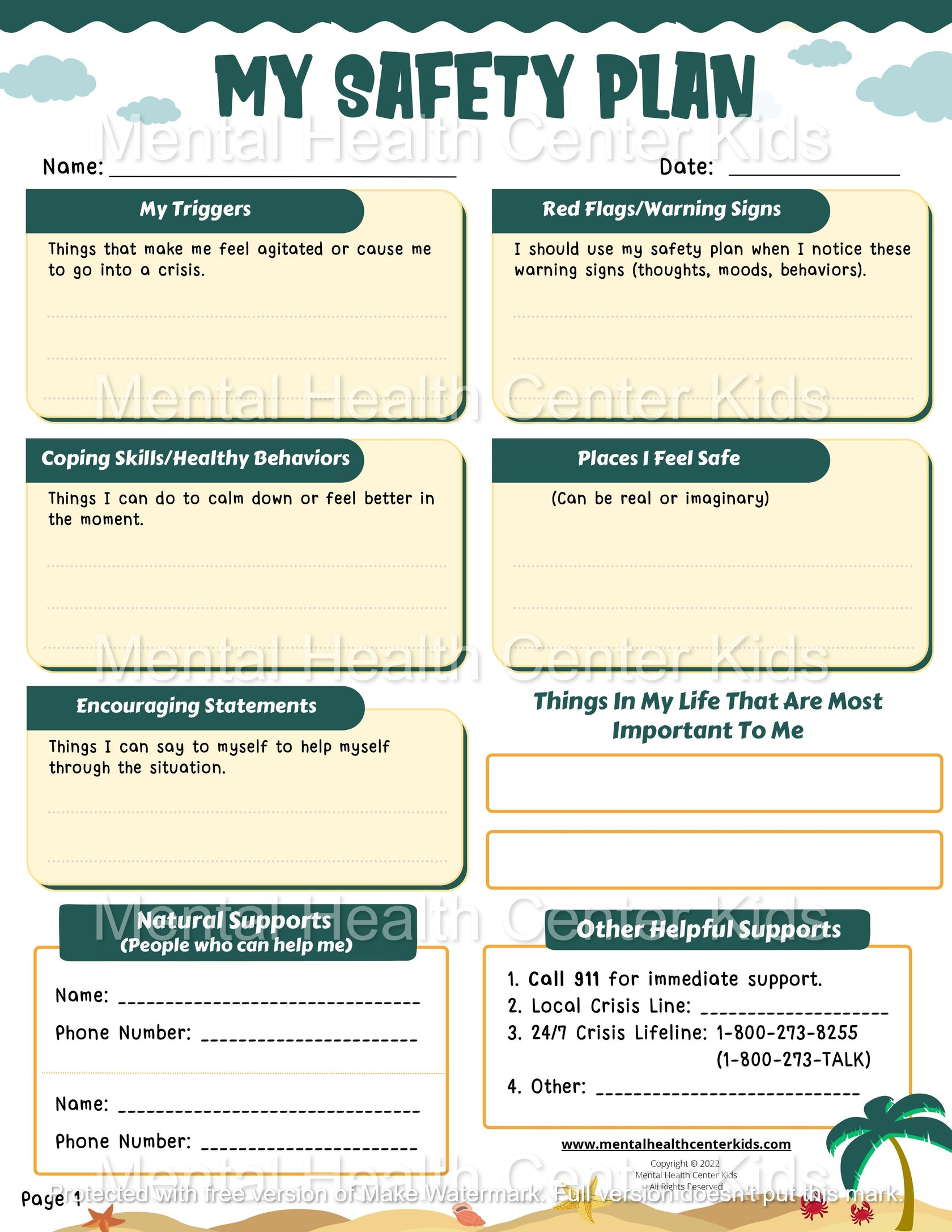 Safety Plan Worksheet – Mental Health Center Kids