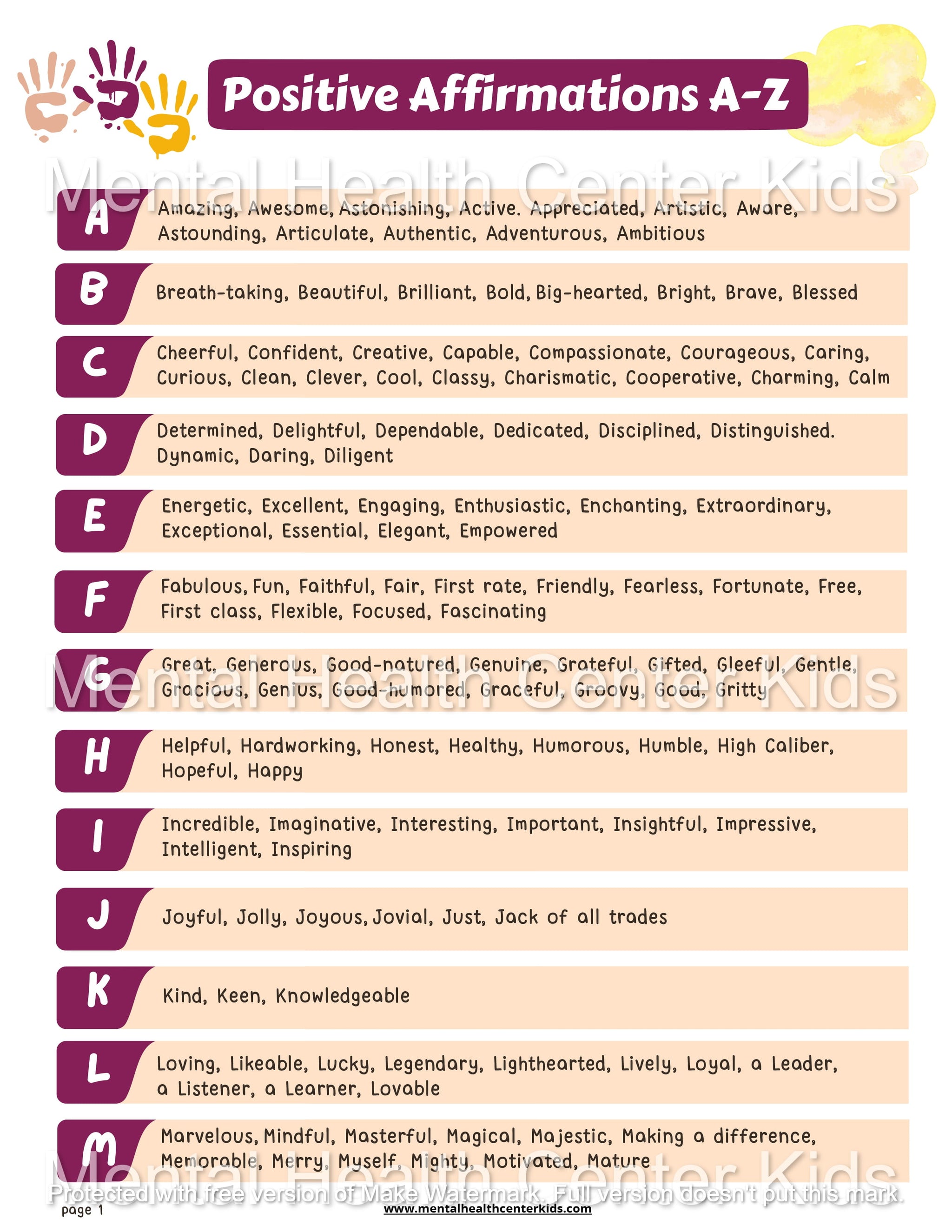 Positive Affirmations Worksheet – Mental Health Center Kids