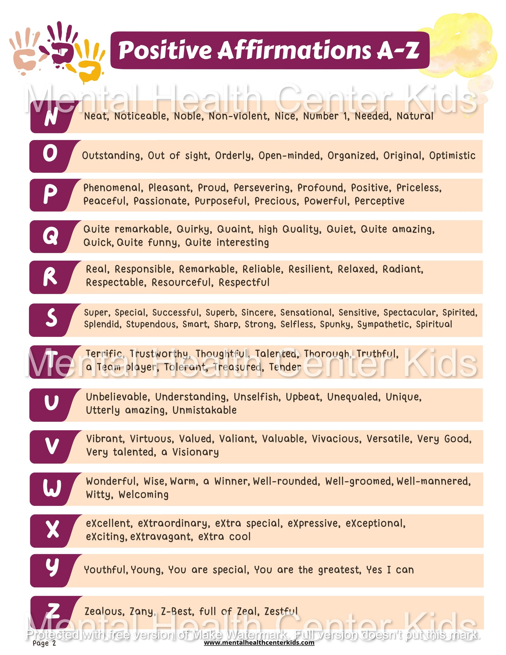 Positive Affirmations Worksheet – Mental Health Center Kids