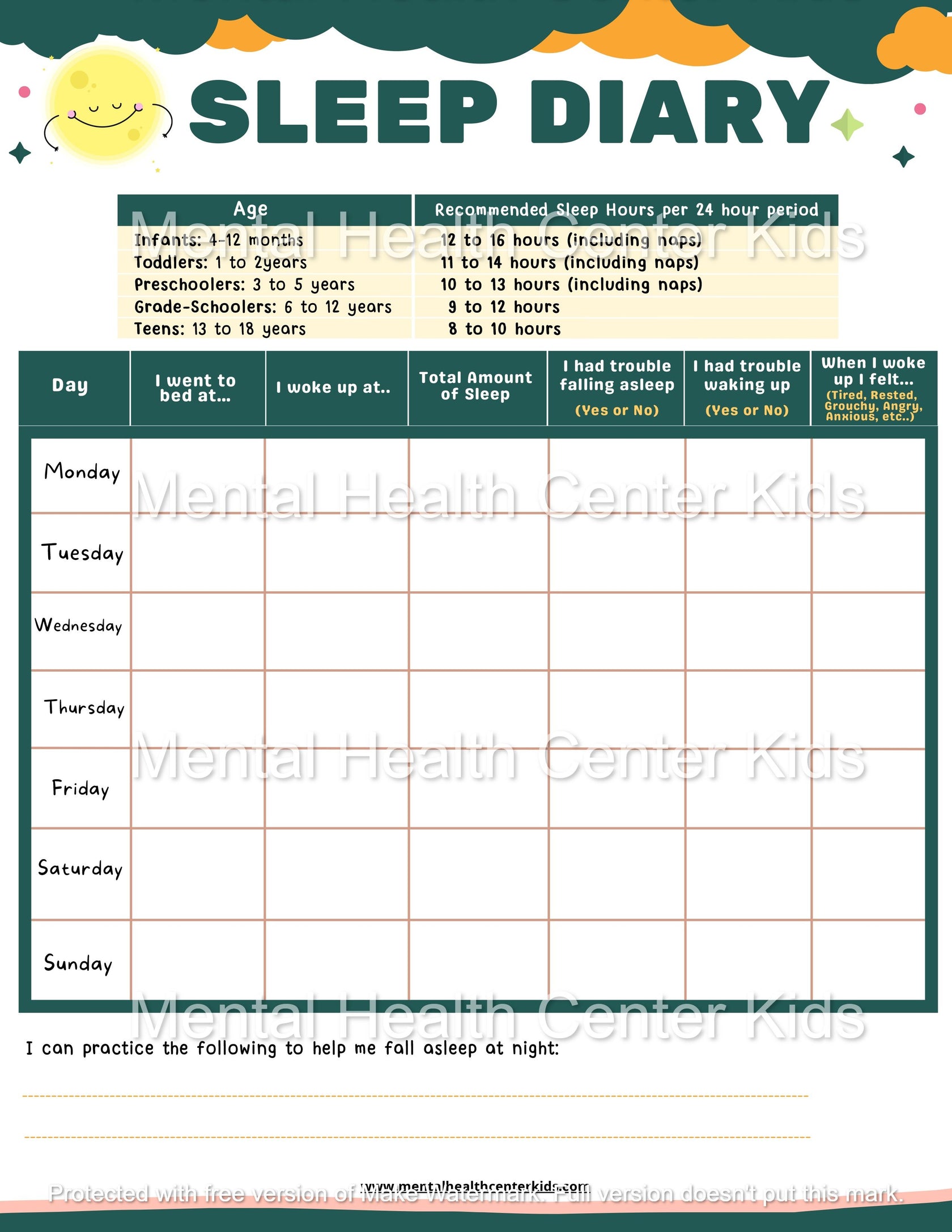 Sleep Hygiene Worksheets – Mental Health Center Kids