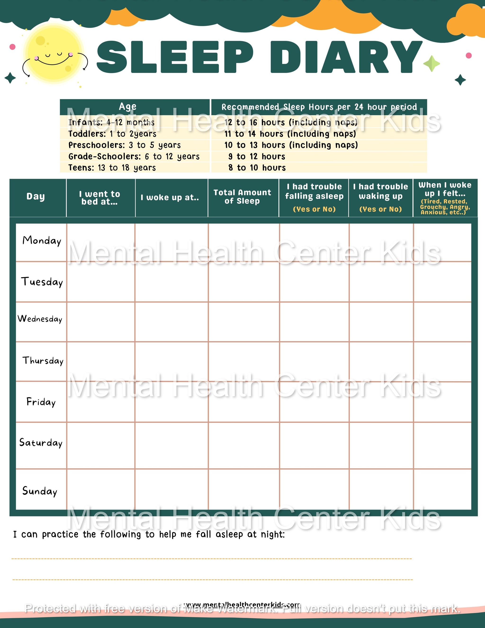 Sleep Hygiene Worksheets – Mental Health Center Kids