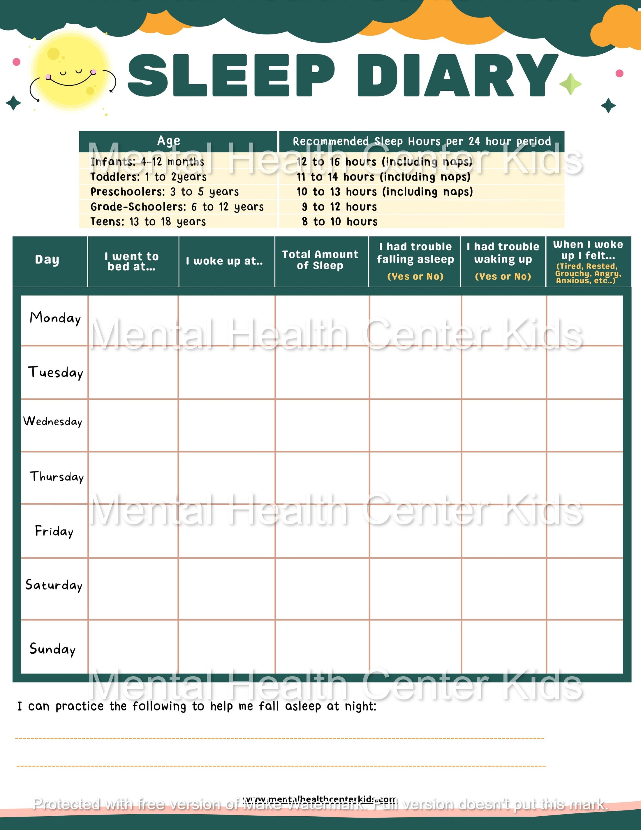 Sleep Hygiene Worksheets – Mental Health Center Kids