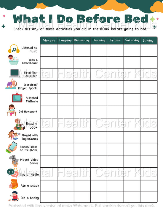 Sleep Hygiene Worksheets – Mental Health Center Kids