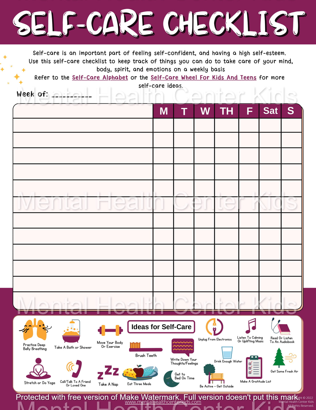 Self-Esteem Checklist – Mental Health Center Kids