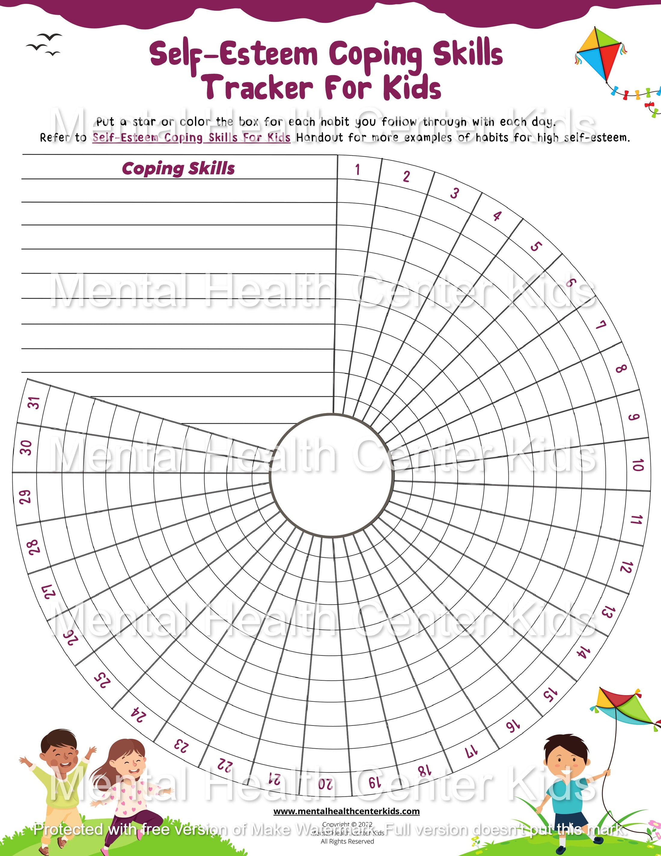 Self-Esteem Coping Skills Tracker for Kids – Mental Health Center Kids