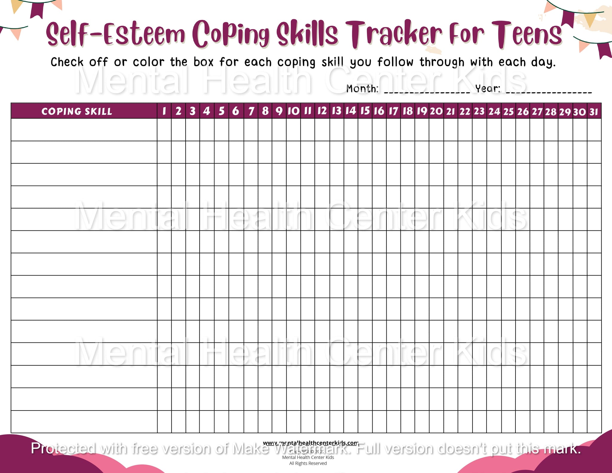 Self-Esteem Coping Skills Tracker for Teens – Mental Health Center Kids