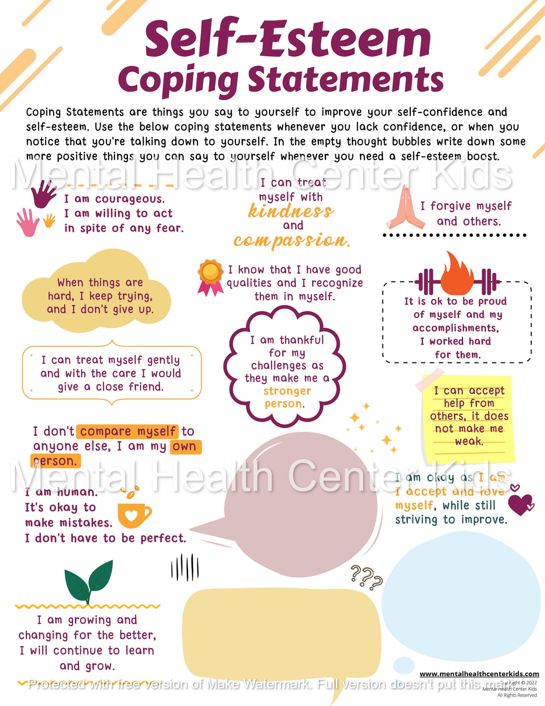 Self-Esteem Coping Statements Worksheet – Mental Health Center Kids