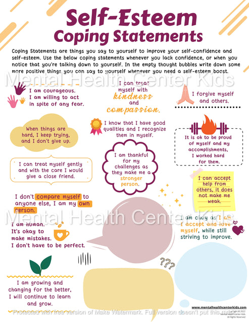 Self-Esteem Coping Statements Worksheet – Mental Health Center Kids