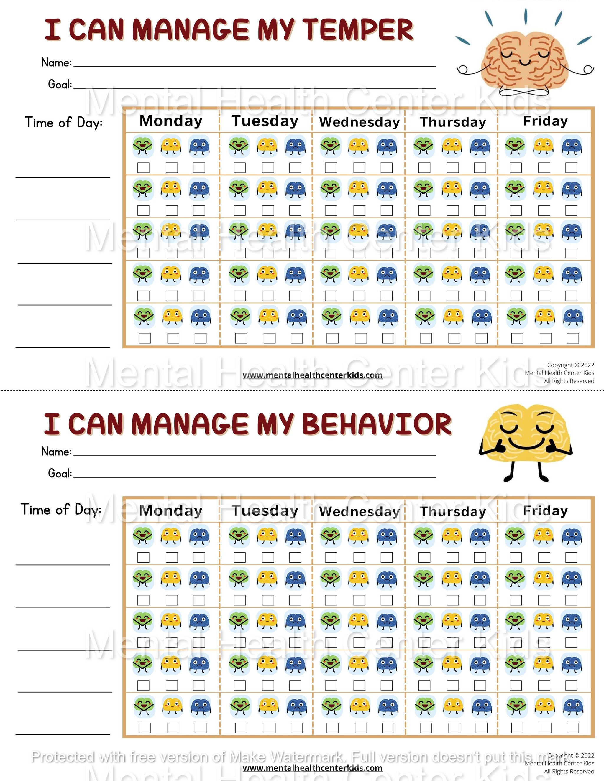 Weekly Anger, Behavior, and Goals Tracker – Mental Health Center Kids