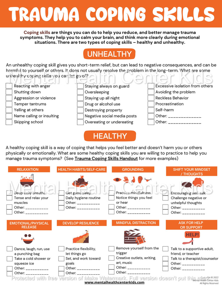 Trauma Worksheets#N# – Mental Health Center Kids